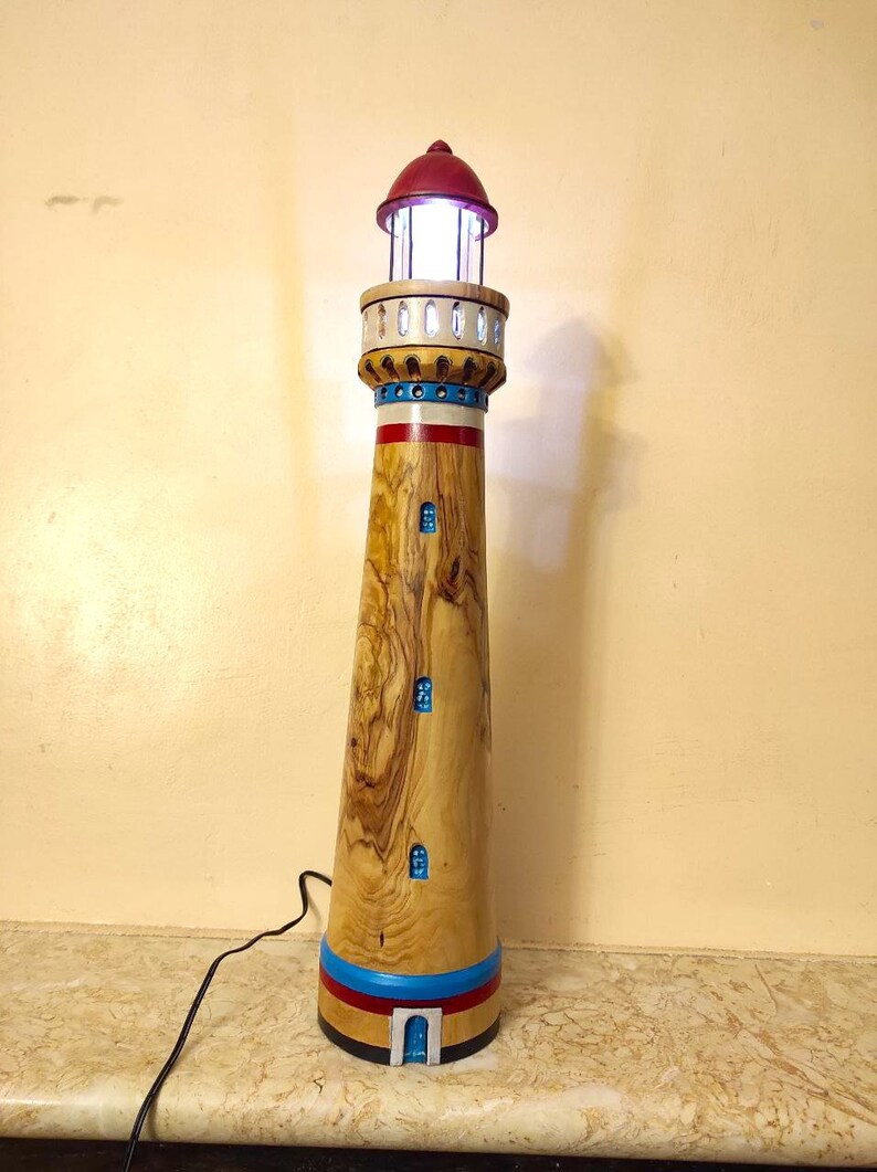 18.5 Lighthouse in Olive Wood and Led Light Decoration of House ...
