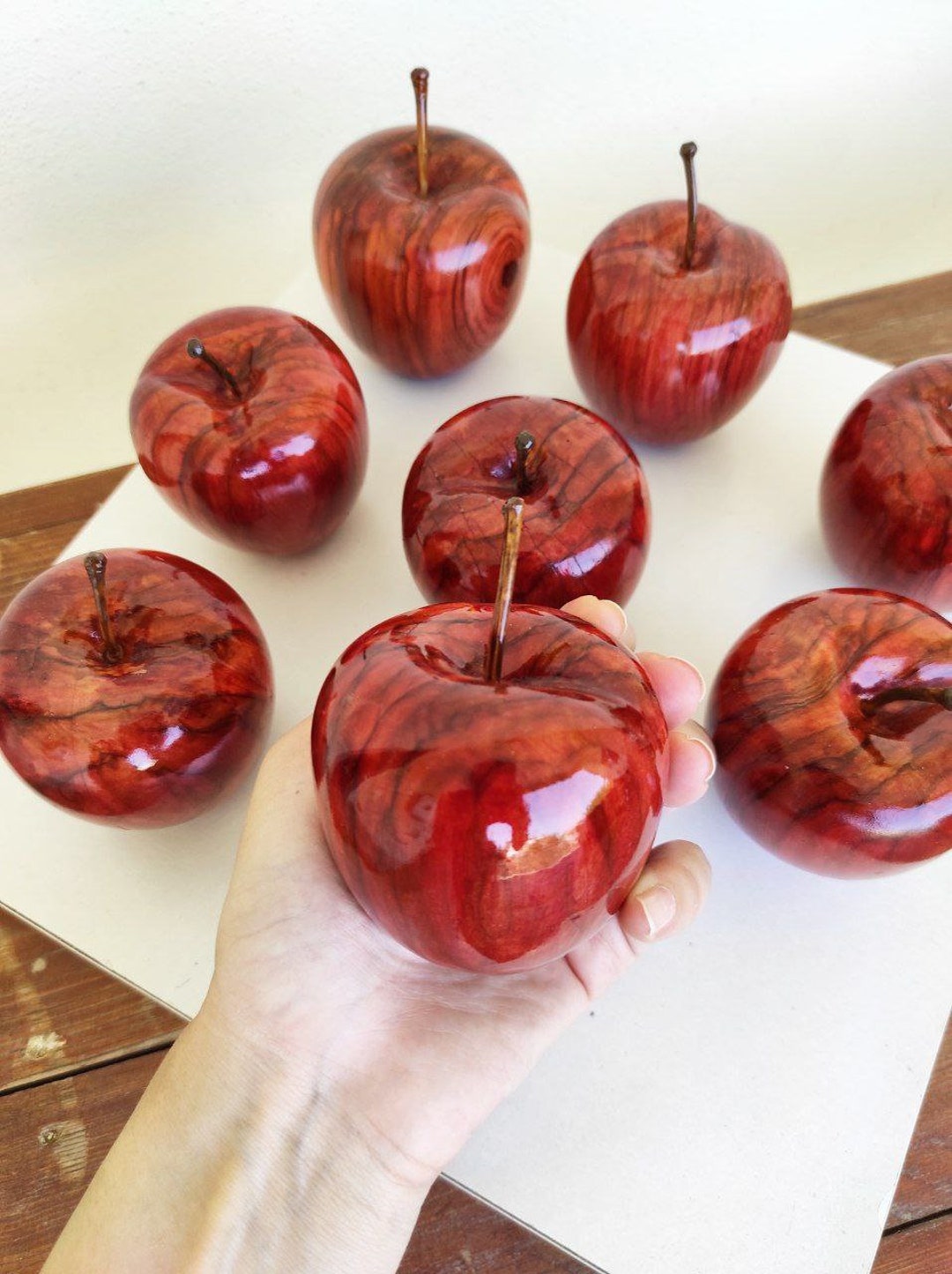 Large Red Apples in Olive Wood - Wooden Fruit - Wooden Carved Apples ...