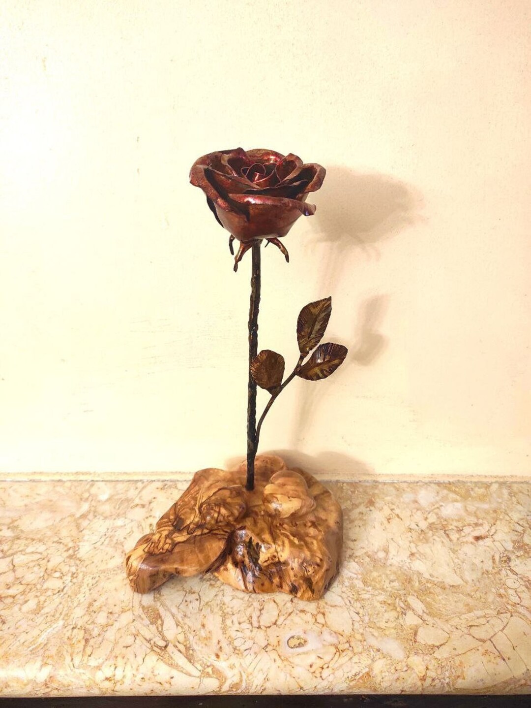 Eternal Rose in Wrought Iron - Rose in Forged Iron and Olive Wood ...