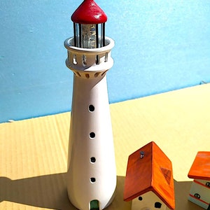 Wooden Lighthouse and Little House - Sea Landscape - Beach House Decor ...