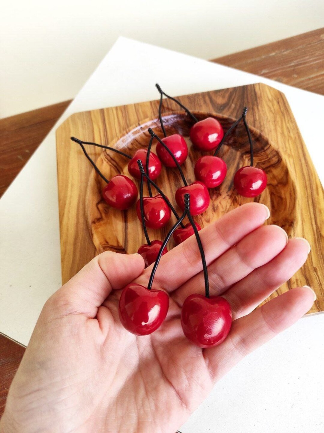 Pair of Wood Cherries in Life size Shine Red Hand Carved Wood Red ...