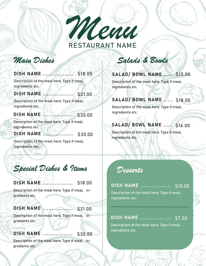 Simple Restaurant Menu Template - Etsy
