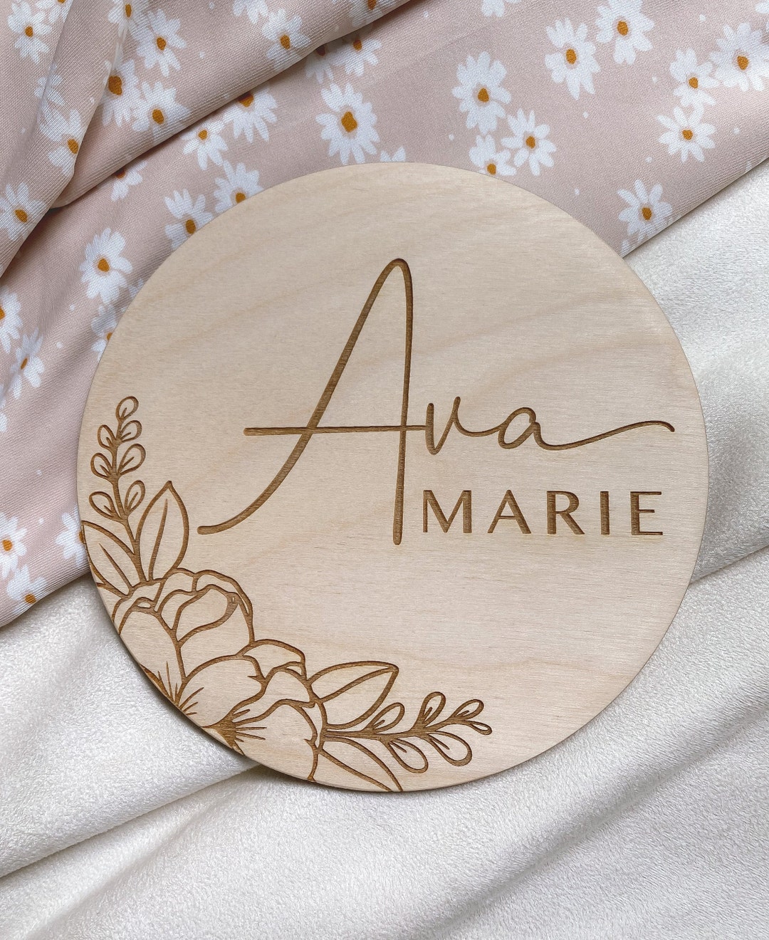 Name Announcement Sign Flower Theme Floral Engraved Name Baby Girl Name ...