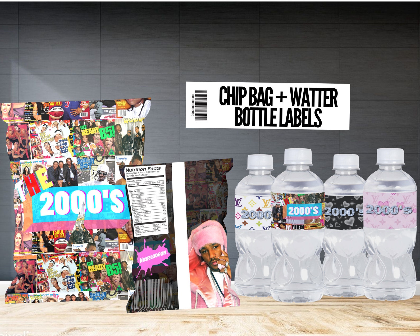 2000s Party Decoration Bundle: Backdrop, Water Bottle Labels (digital ...