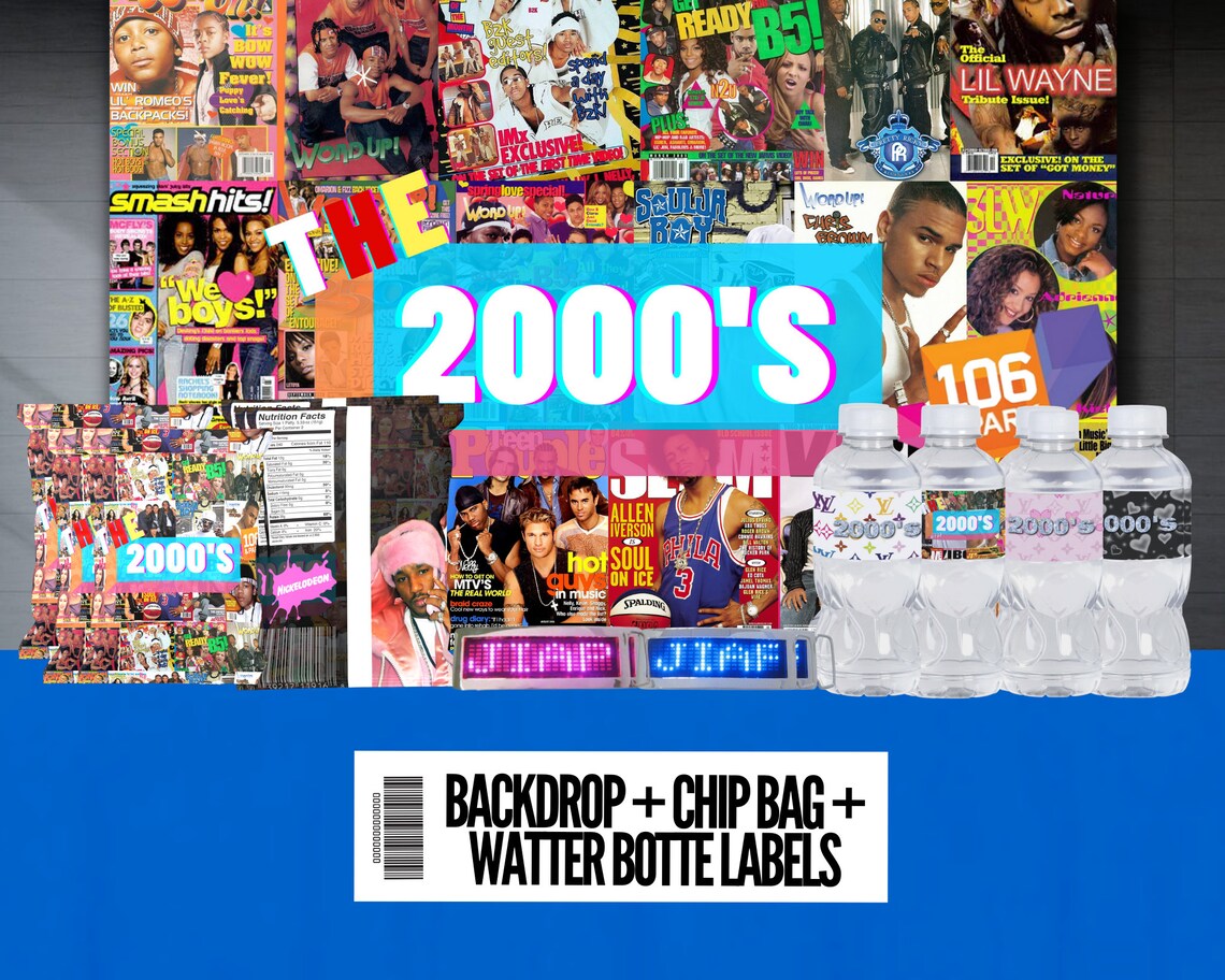 2000s Party Decoration Bundle: Backdrop, Water Bottle Labels (digital ...