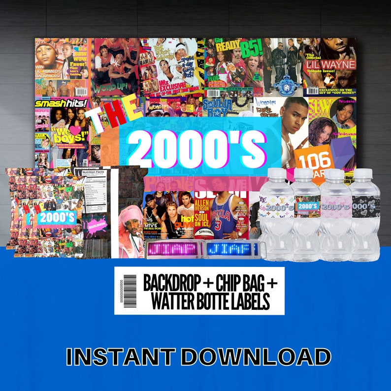 2000s Party Decoration Bundle: Backdrop, Water Bottle Labels (digital ...