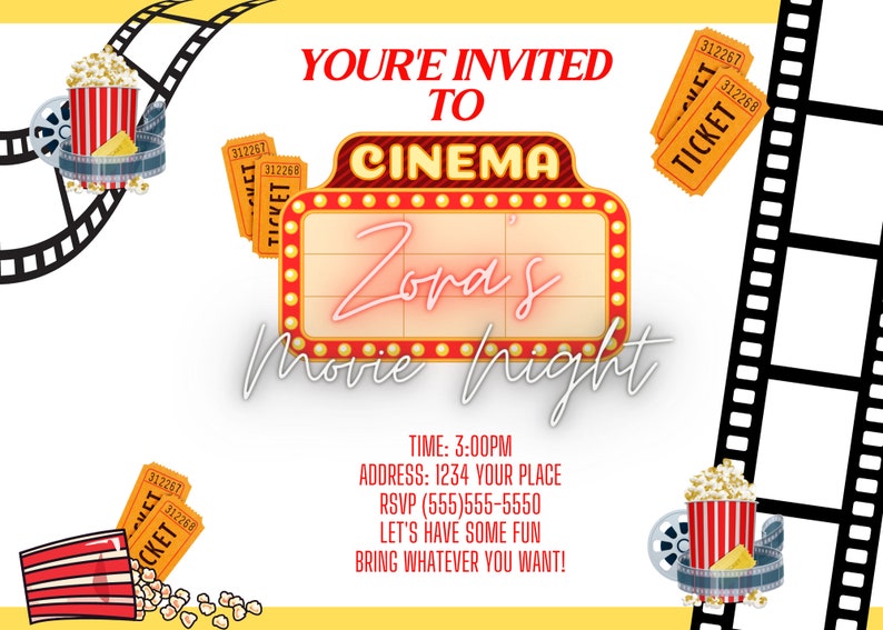 MOVIE NIGHT Canva Editable Template, Add Your Name Info, DIY ...