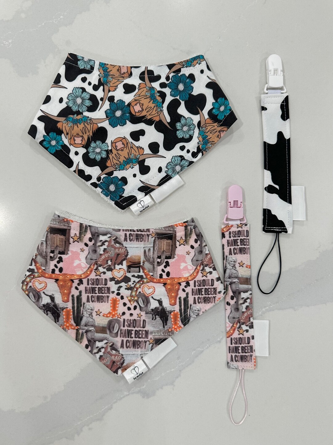 Dolly Parton Highland Cow Western Handmade Scarf Bib and Pacifier Clip ...