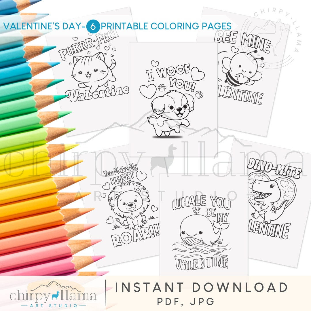 Valentine's Day Coloring Pages, 6 Printable Coloring Pages, Cute ...