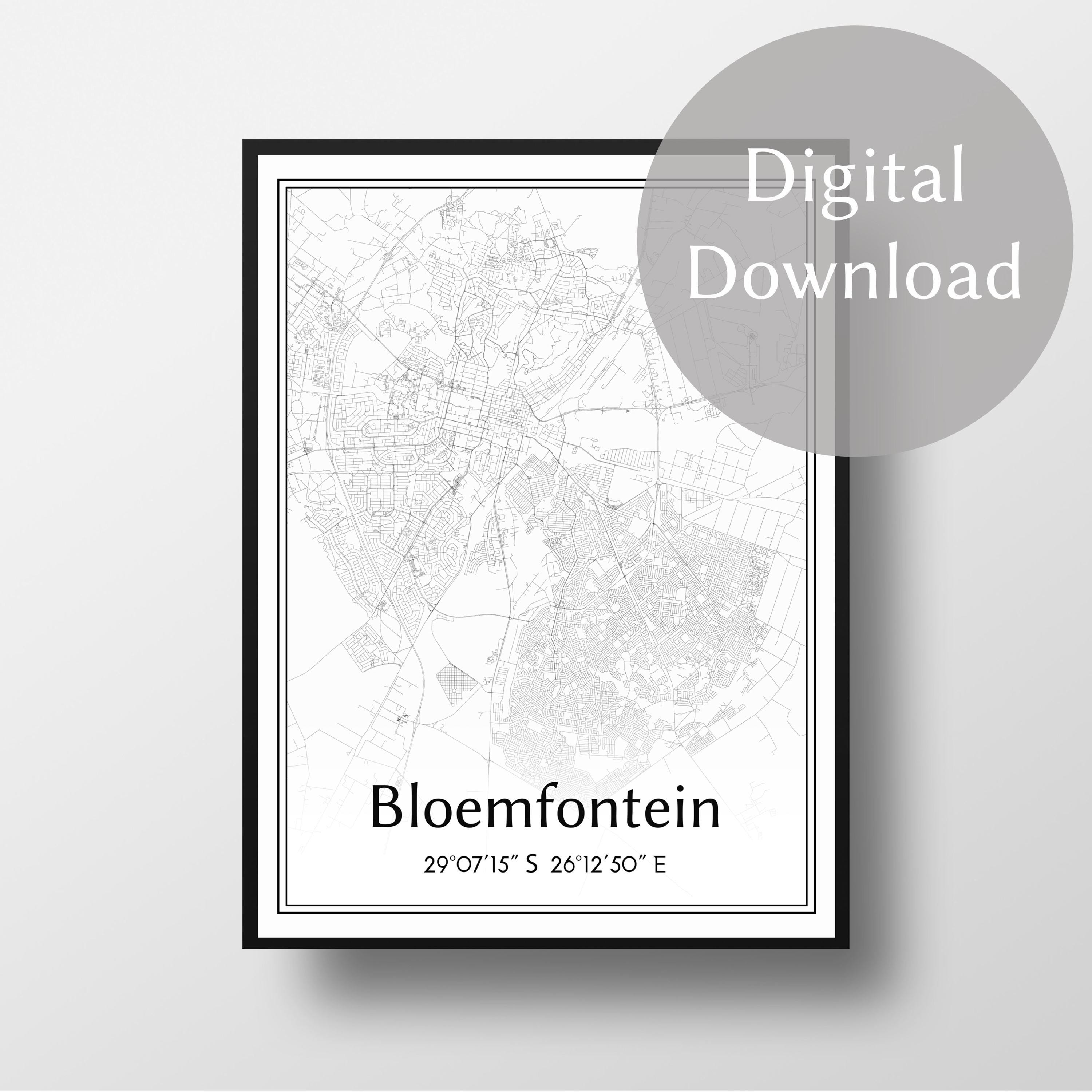 Bloemfontein City Map, South Africa, Digital Download, Wall Art ...
