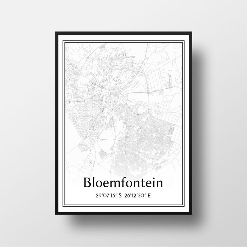 Bloemfontein City Map, South Africa, Digital Download, Wall Art ...