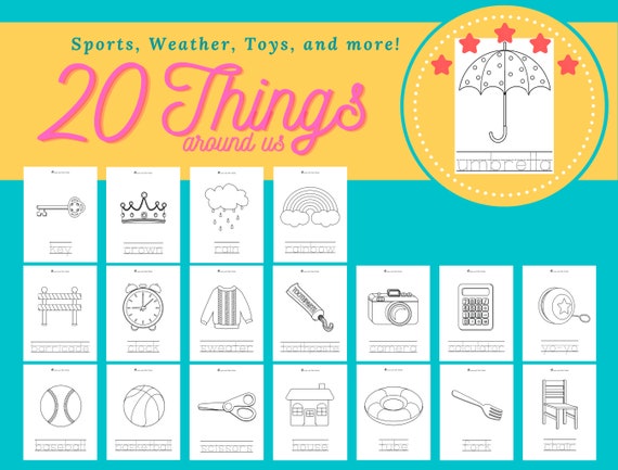 20 Things Around Us Coloring and Tracing Printable Worksheet - Etsy