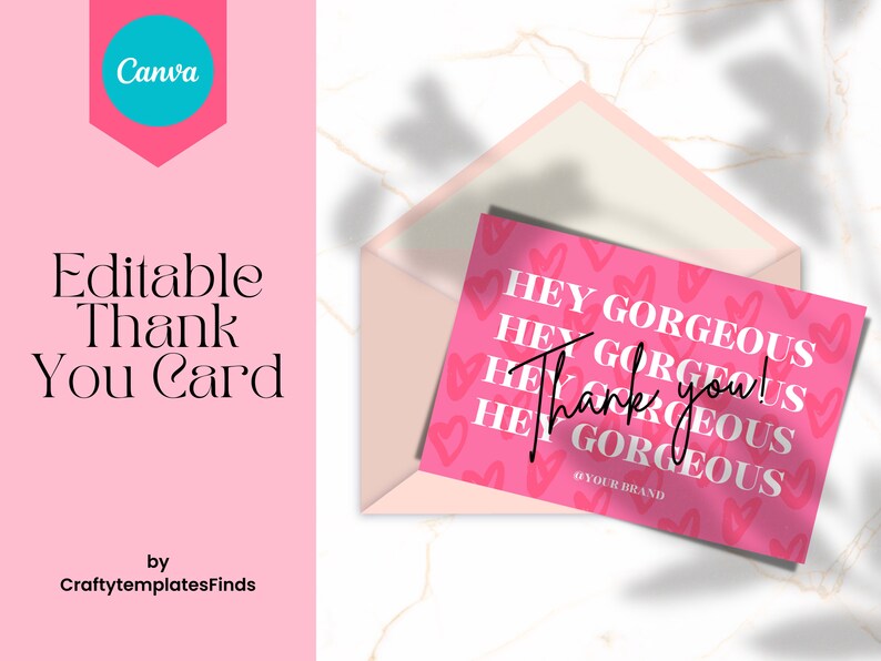 Editable CANVA Template Modern Hot Pink Thank You Card Customisable DIY ...