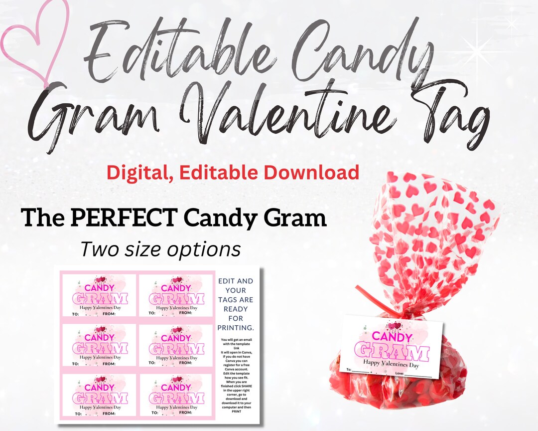 EDITABLE Candy Gram Valentine's Day Tag Template Valentine's Day Gift ...