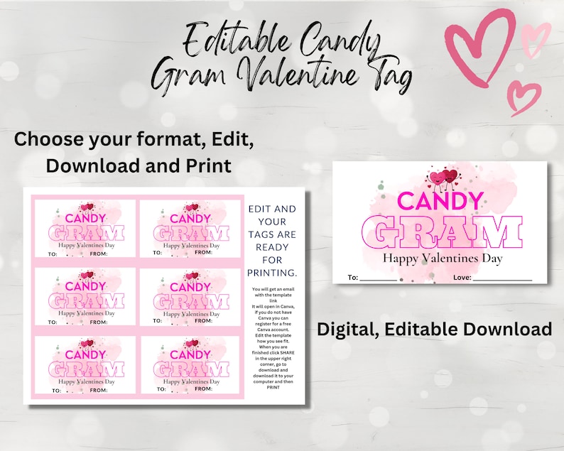 EDITABLE Candy Gram Valentine's Day Tag Template Valentine's Day Gift ...