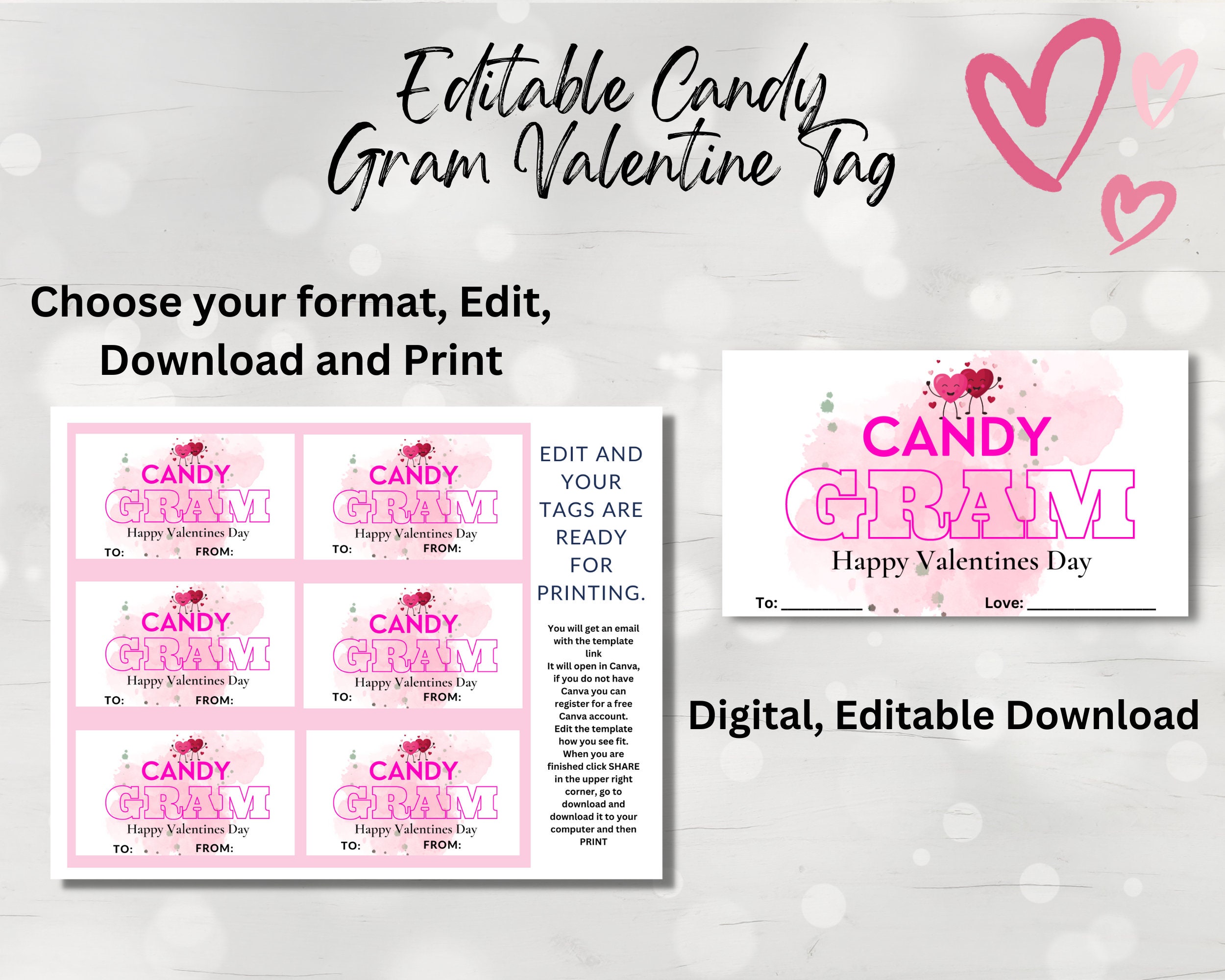 EDITABLE Candy Gram Valentine's Day Tag Template Valentine's Day Gift ...