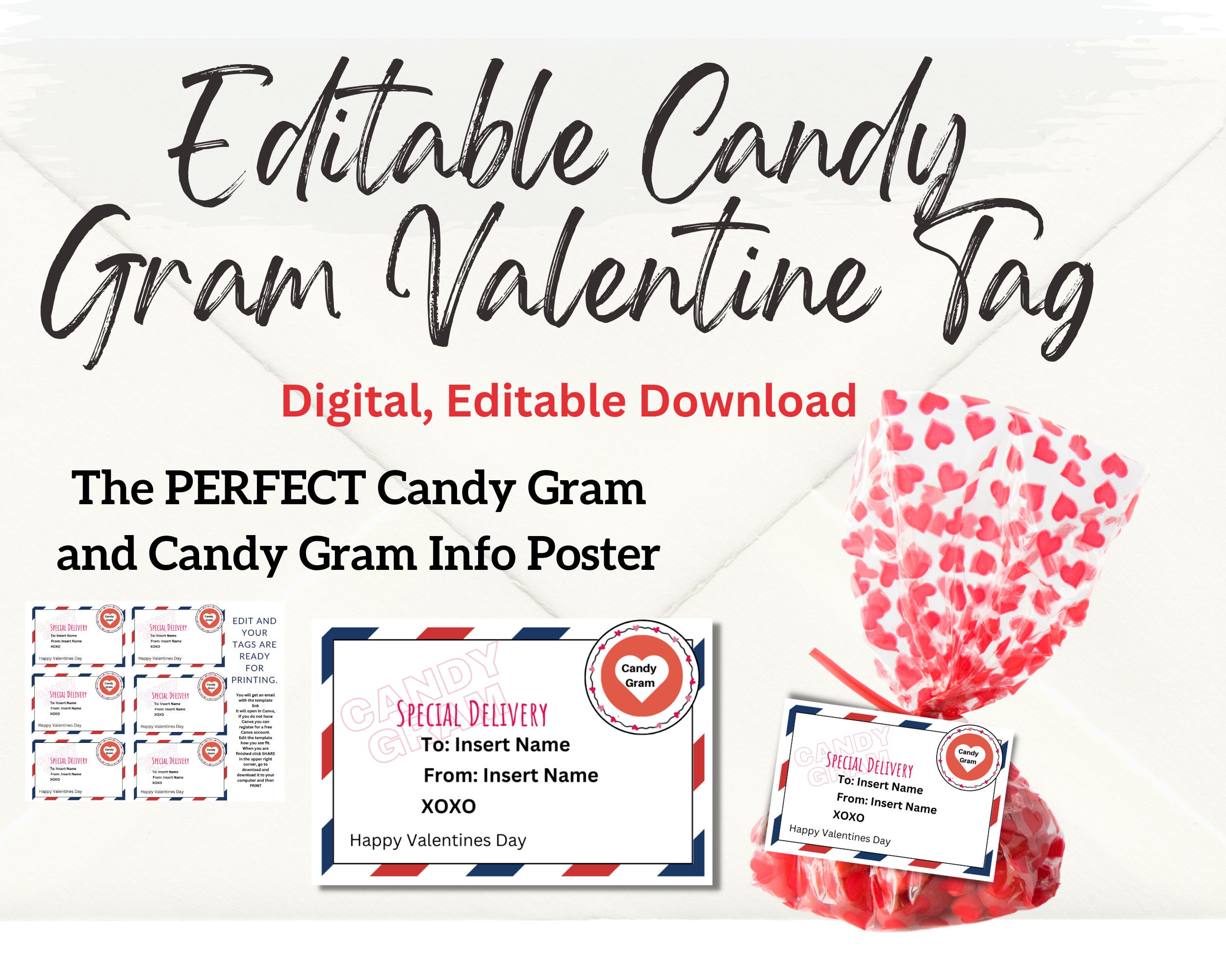 EDITABLE Candy Gram Valentine Tag Template Valentine's Day Gift Tag ...
