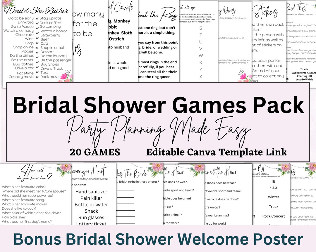 Pink Flower Theme Bridal Shower Games Pack Bundle. Easy to Customize ...