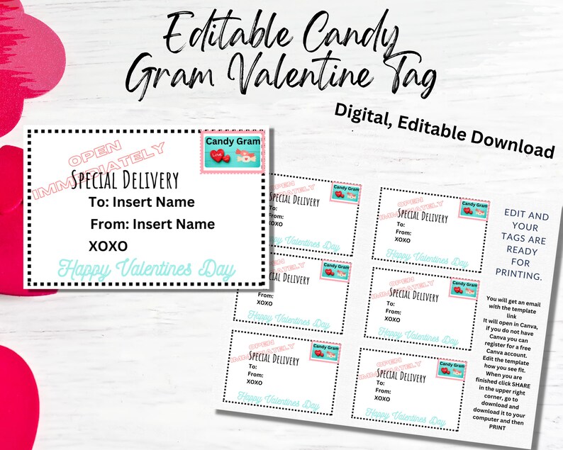 EDITABLE Candy Gram Valentine's Day Tag Template Valentine's Day Gift ...