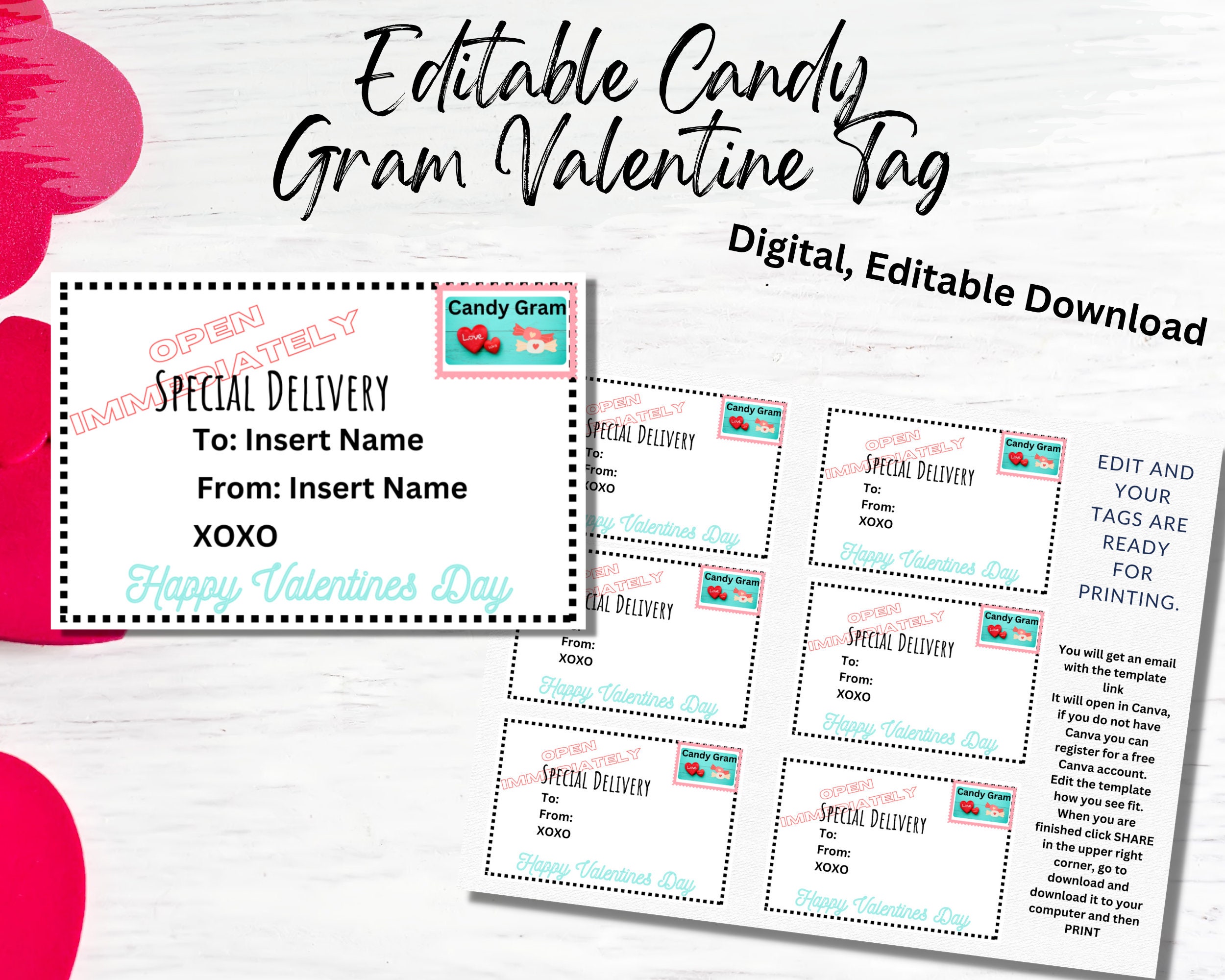 EDITABLE Candy Gram Valentine's Day Tag Template Valentine's Day Gift ...