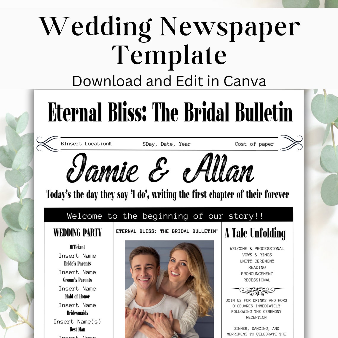 Canva Wedding Newspaper Template, Editable Newspaper Wedding Program ...