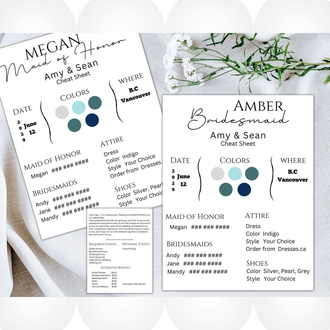 Printable Wedding Information Cards, Bridal Party Roles and Info ...