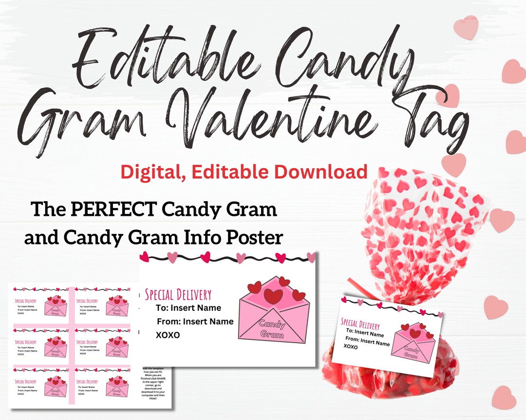 EDITABLE Candy Gram Valentine's Day Tag Template Valentine's Day Gift ...