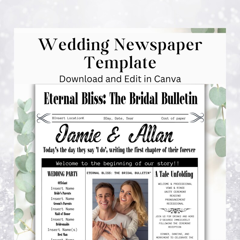 Free Gift Included - Newspaper Wedding Program, Canva Wedding Newspaper ...