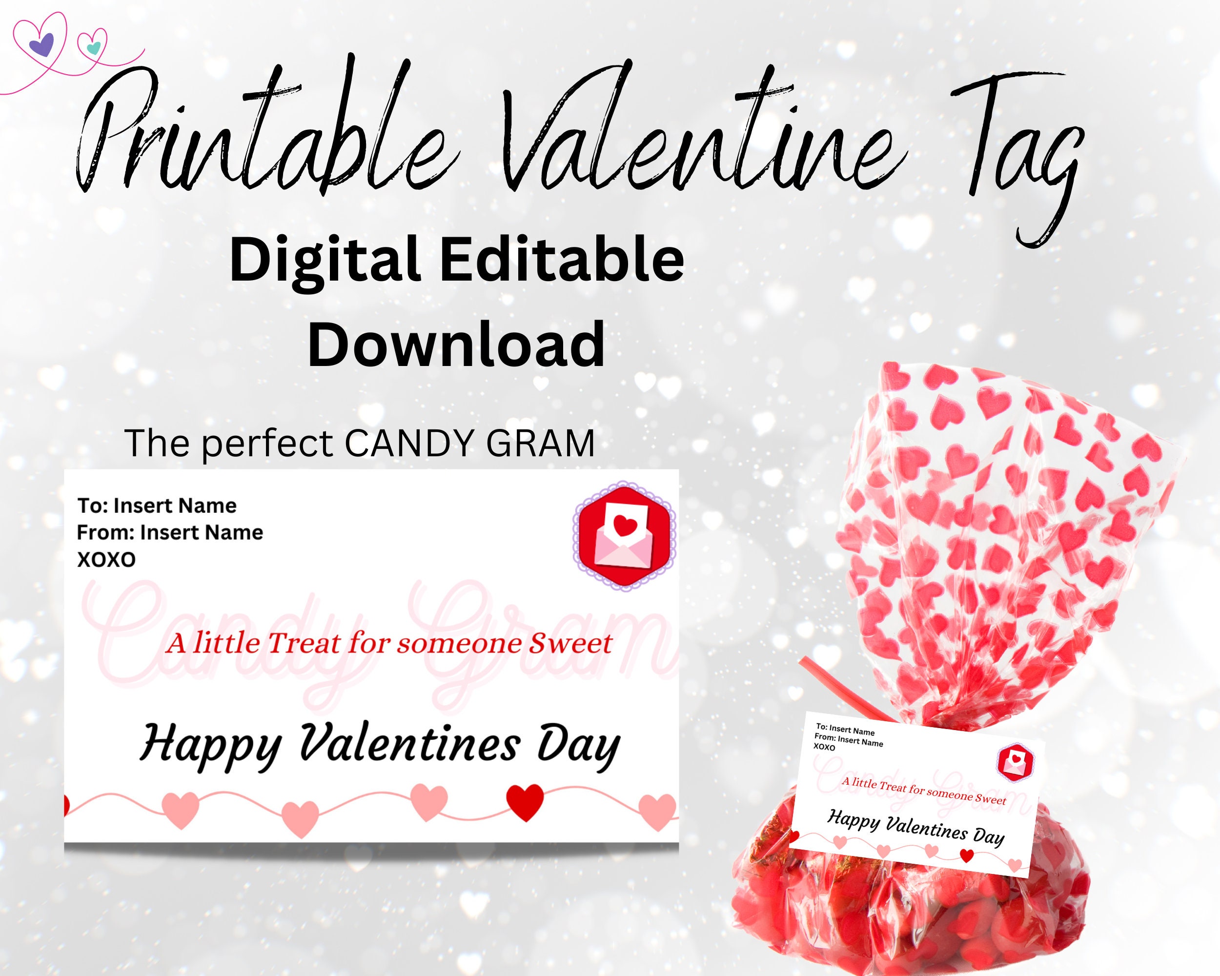 EDITABLE Valentine Candy Gram Tag Favor Tag, Candy Bag Tag, Valentine ...