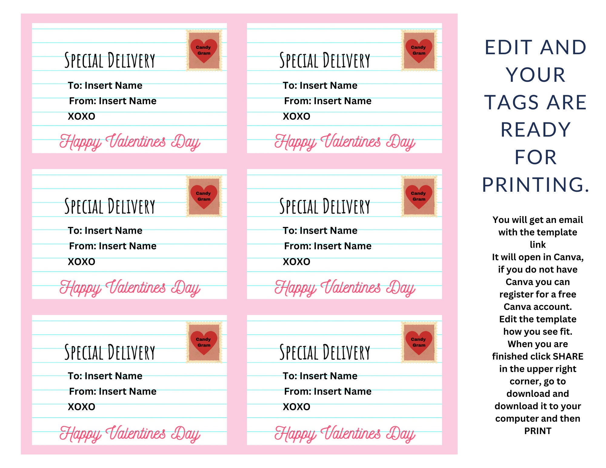 EDITABLE Candy Gram Valentine's Day Tag Template Valentine's Day Gift ...