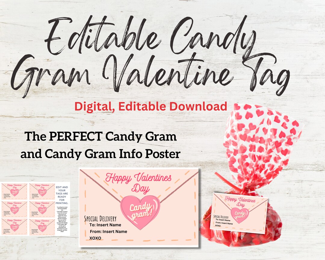 EDITABLE Candy Gram Valentine Tag Template Valentine's Day Gift Tag ...