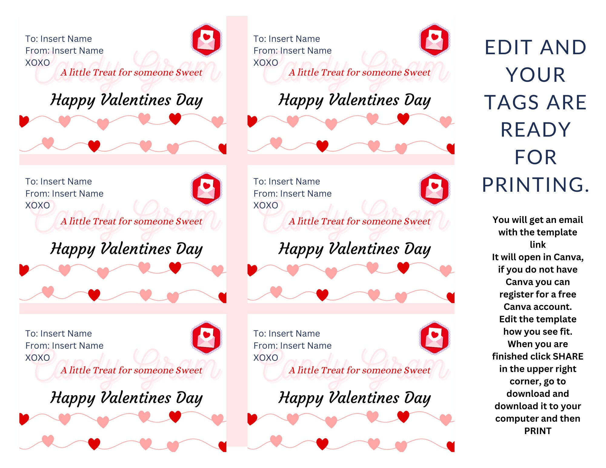 EDITABLE Valentine Candy Gram Tag Favor Tag, Candy Bag Tag, Valentine ...