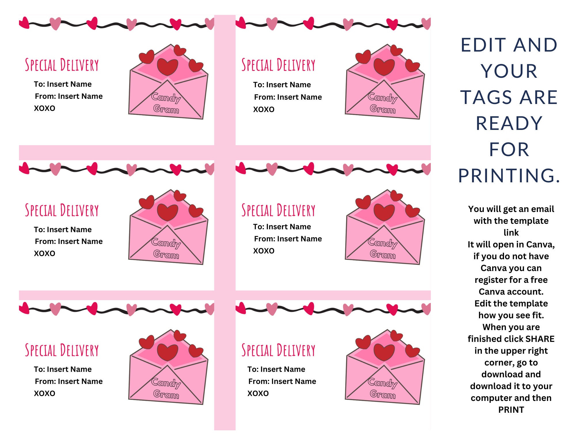 EDITABLE Candy Gram Valentine's Day Tag Template Valentine's Day Gift ...