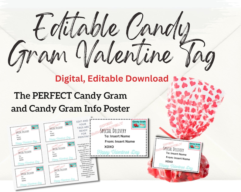EDITABLE Candy Gram Valentine's Day Tag Template Valentine's Day Gift ...