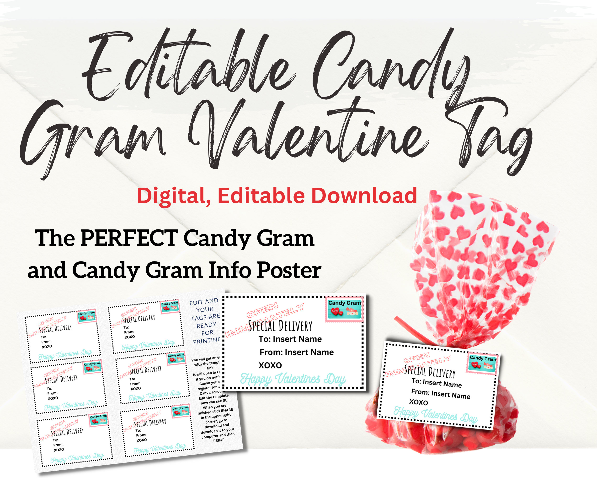 EDITABLE Candy Gram Valentine's Day Tag Template Valentine's Day Gift ...