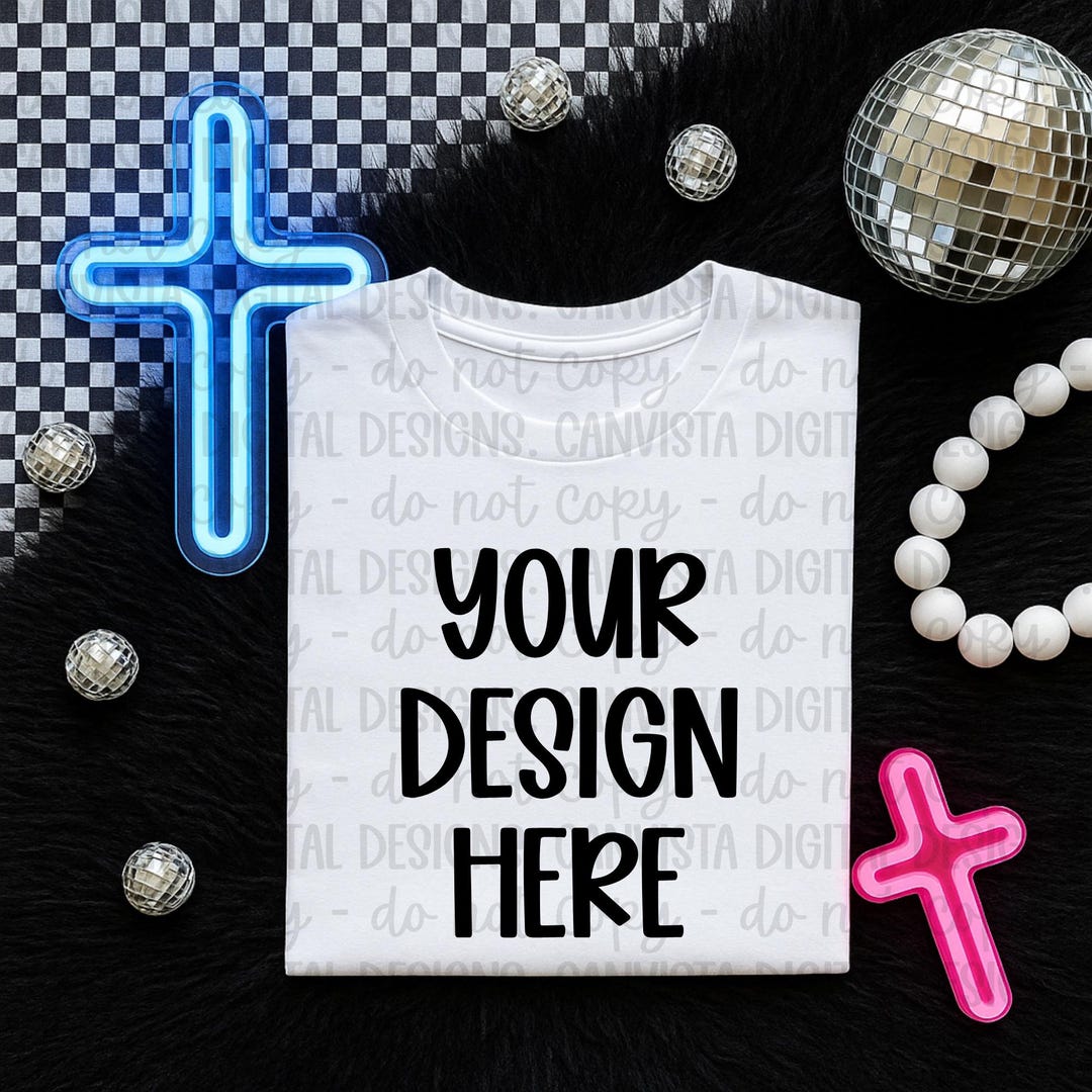 White Shirt Neon Cross Mockup - Digital Design - Mock PNG File - Flat ...
