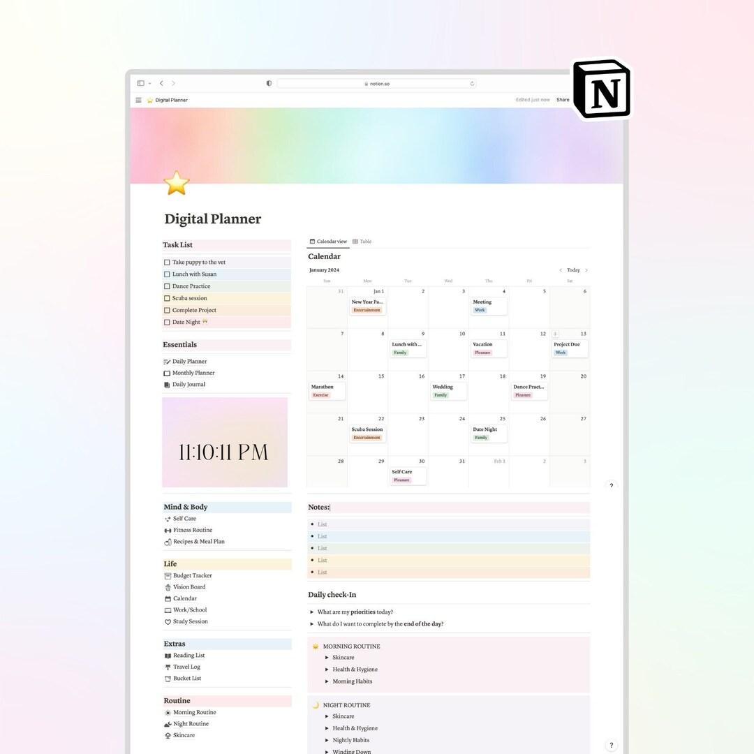 Digital Planner 2024 2025 Undated Notion Planner, Digital Journal ADHD Planner Notion Template ...