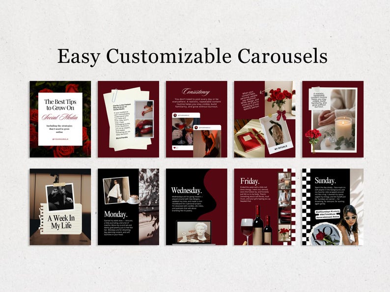 100 Instagram Templates Burgundy, Social Media Agency Kit, IG Carousel ...