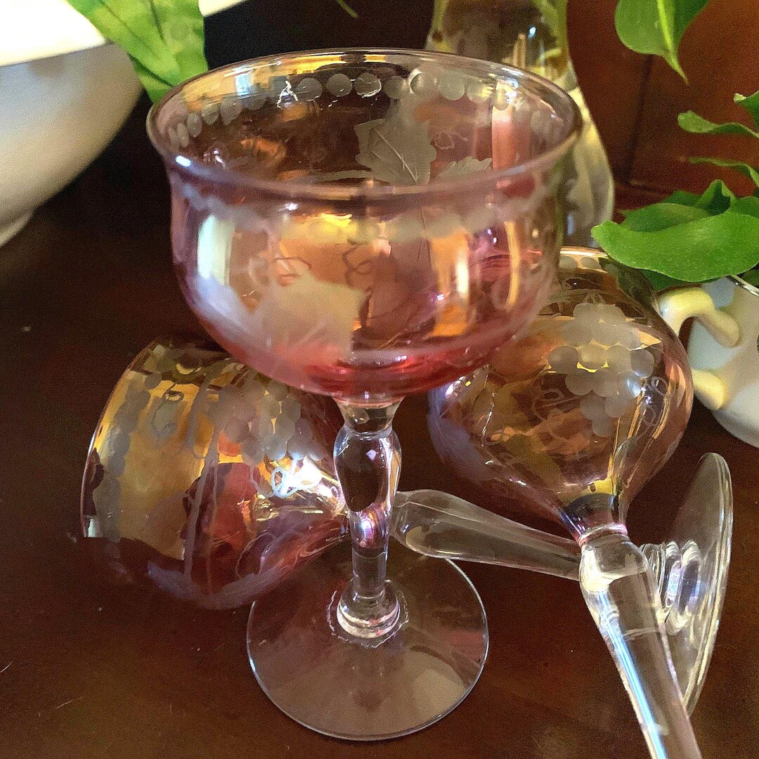 Set of 3 Vintage Cranberry Glass Cordial Glasses – Elegant Etched ...