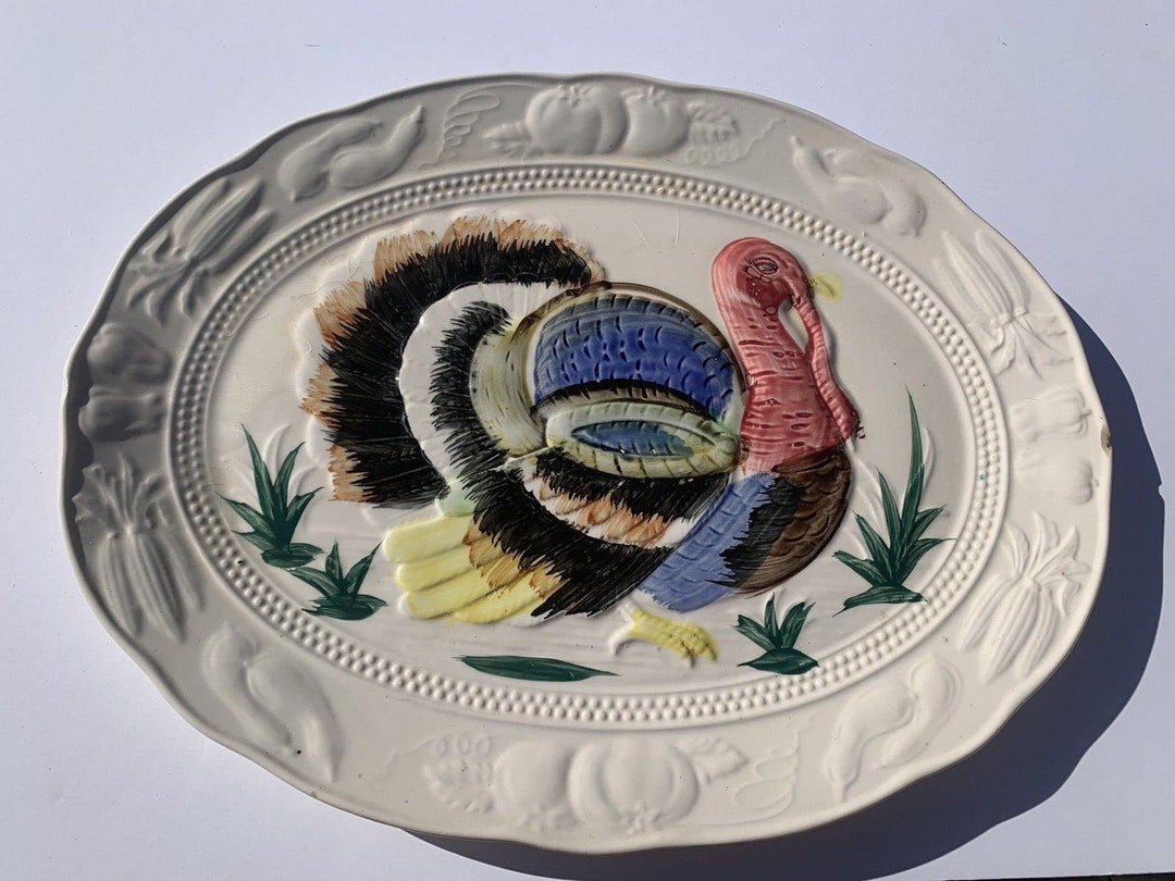 Vintage Turkey Platter | Painted Ceramic Thanksgiving Serving Tray ...