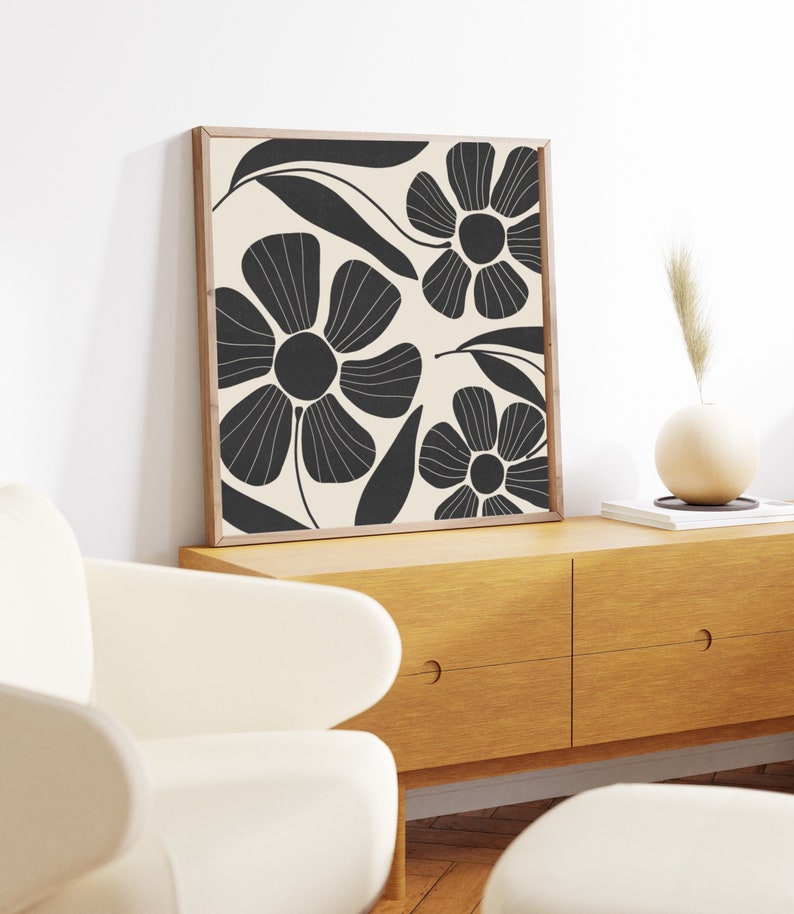 Square Wall Art, Botanical Illustration, Beige and Black Decor, Large ...