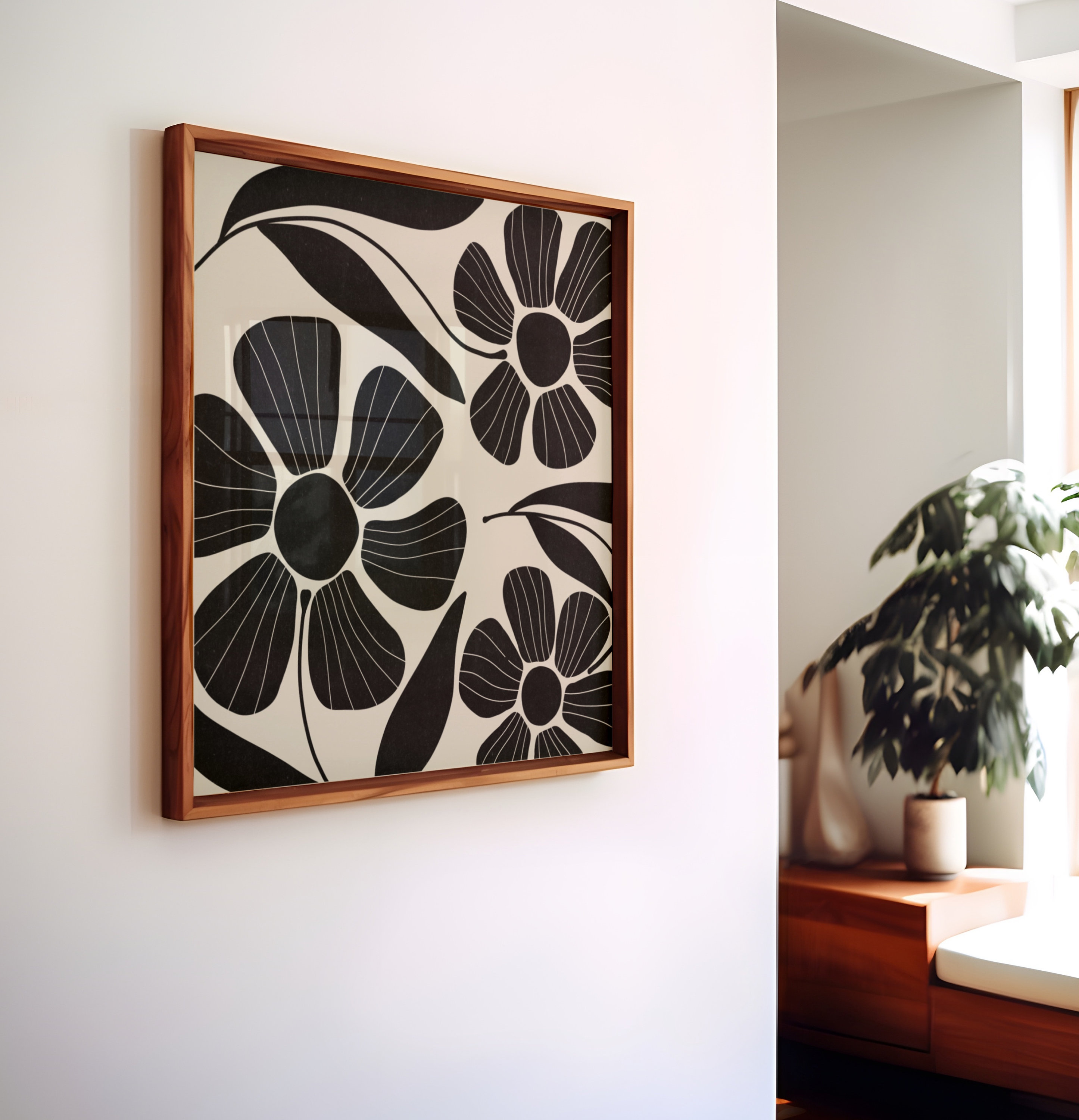 Square Wall Art, Botanical Illustration, Beige and Black Decor, Large ...