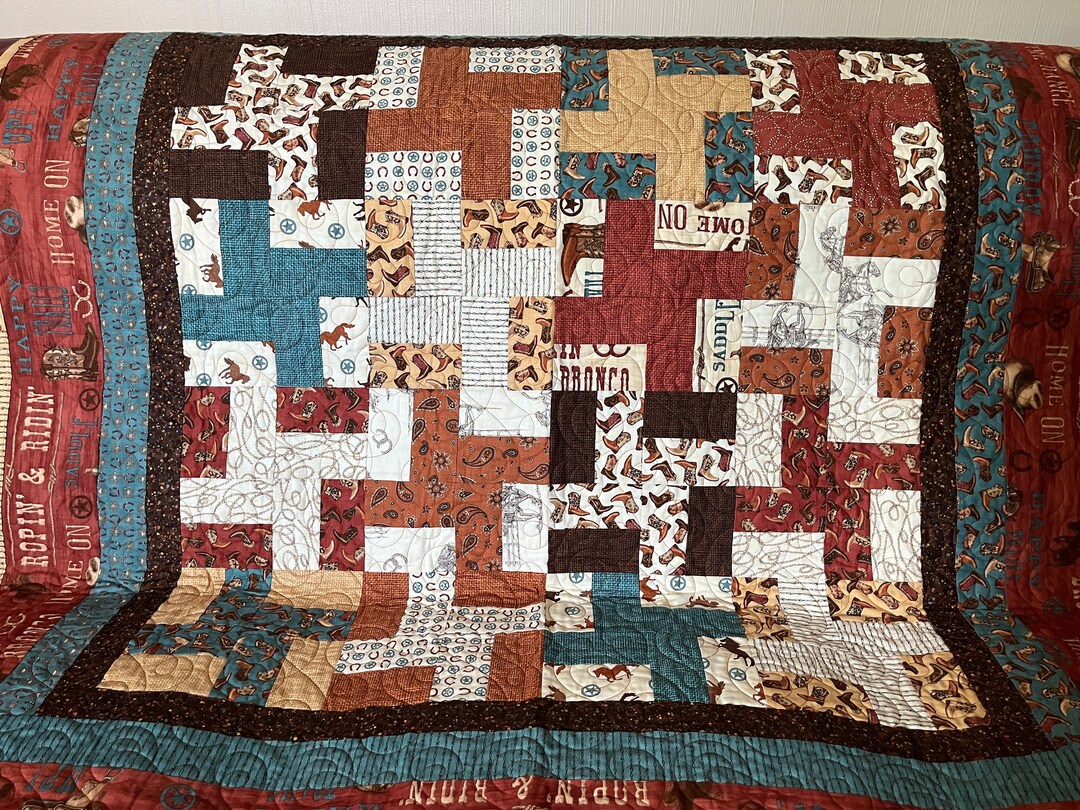 This is a Ranch Themed Quilt in Brown, Blue, and Cream With Lots of ...