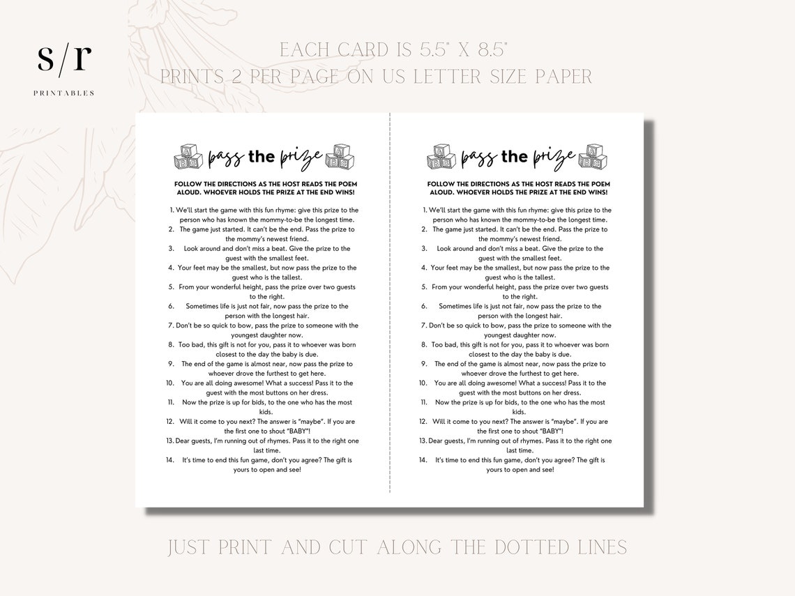 Pass the Prize Poem Game, Printable Baby Shower Games, Minimalist, DIY ...