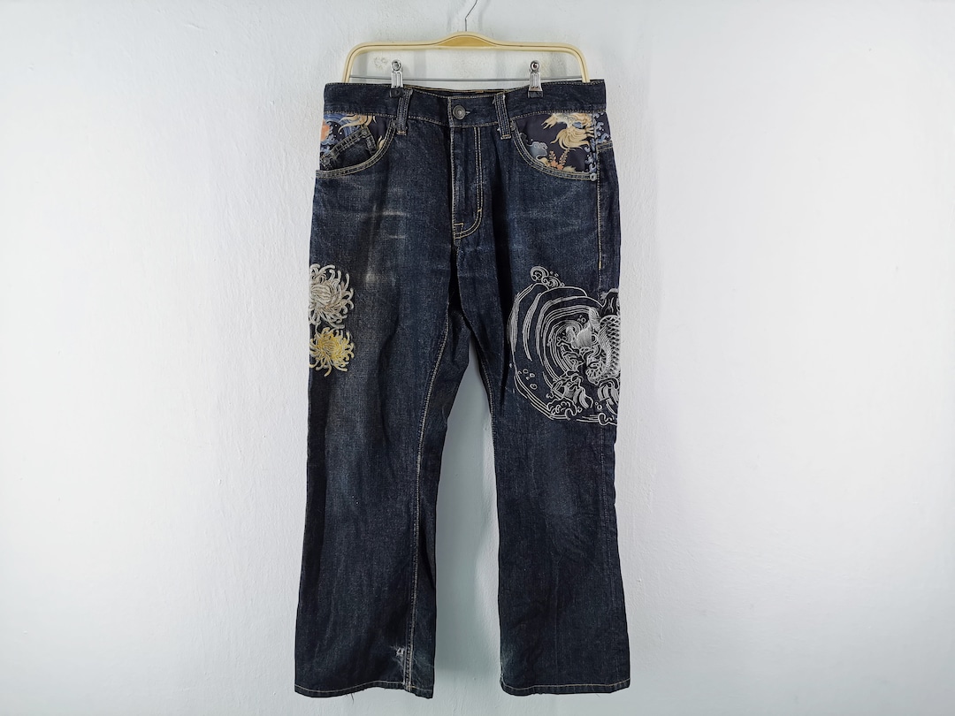 Koi Fish Jeans Distressed Vintage Size 82 Koi Fish Embroidery Denim ...