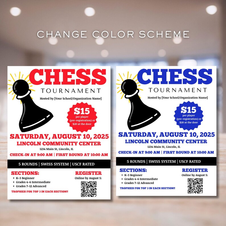 Editable Chess Tournament Flyer Template | Printable Chess Event Poster ...
