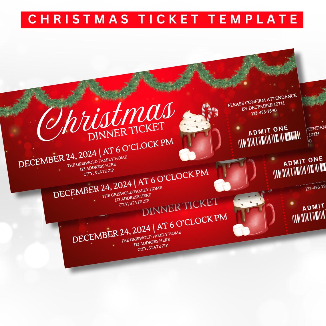 Christmas Dinner Ticket Template, Christmas Theme Ticket, Digital ...