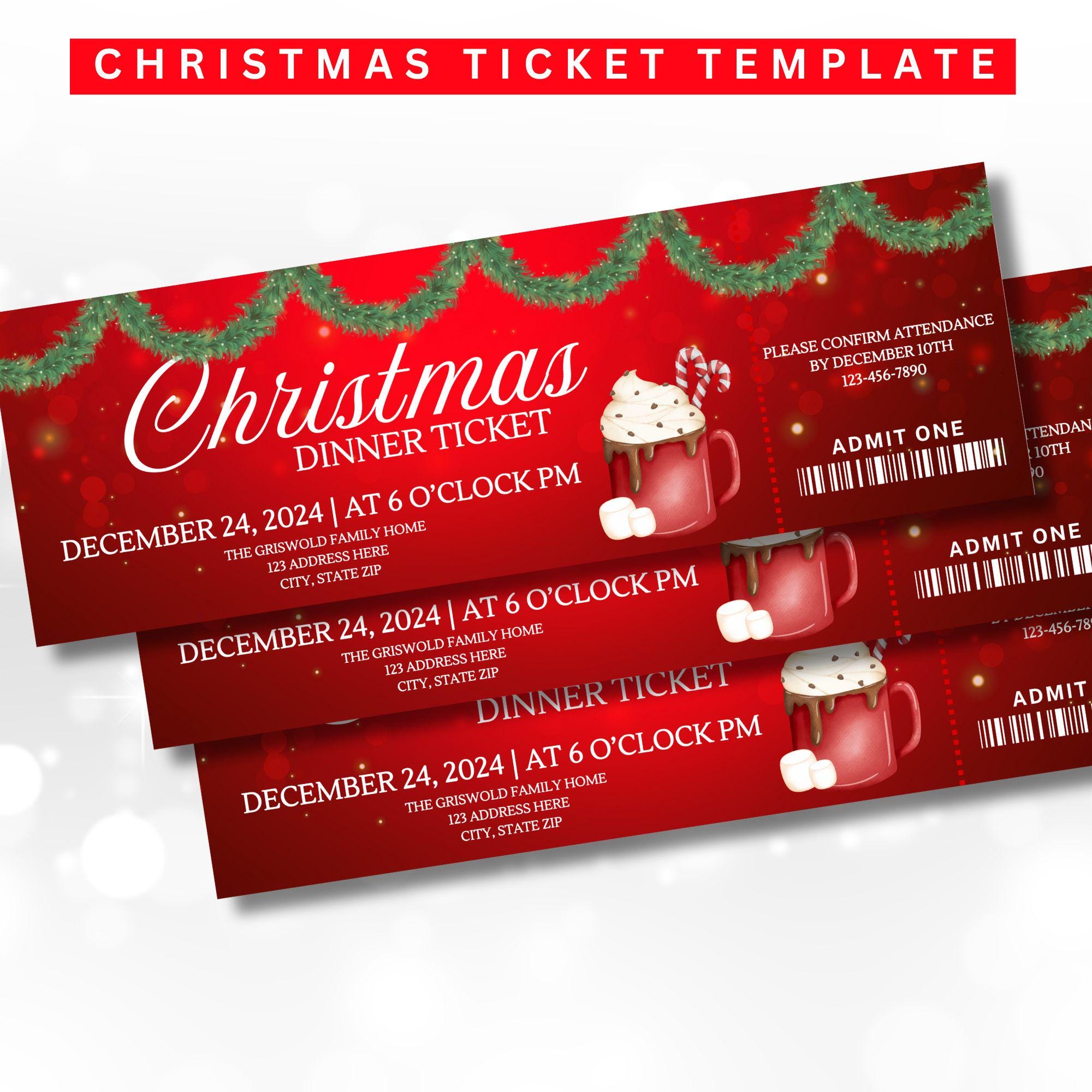 Christmas Dinner Ticket Template, Christmas Theme Ticket, Digital ...