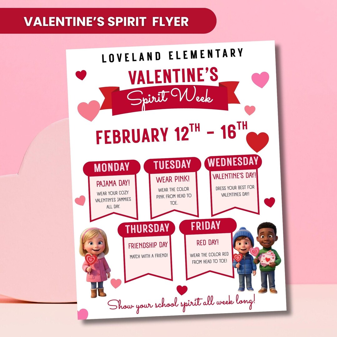 Valentines Day Spirit Week Flyer, Class Party Flyer, Valentines Week ...