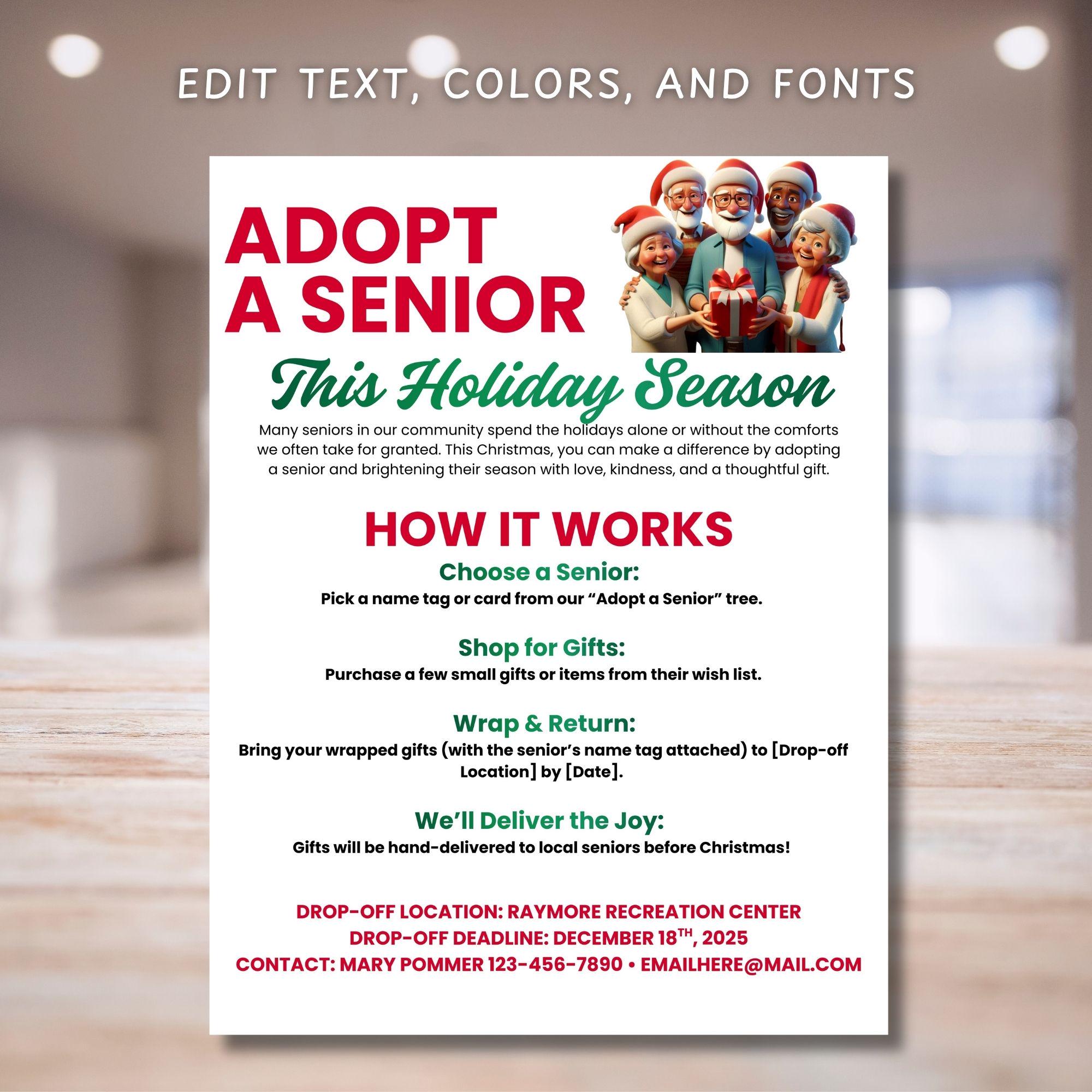 Adopt a Senior Flyer, Holiday Donation Flyer, Christmas Donation Flyer ...